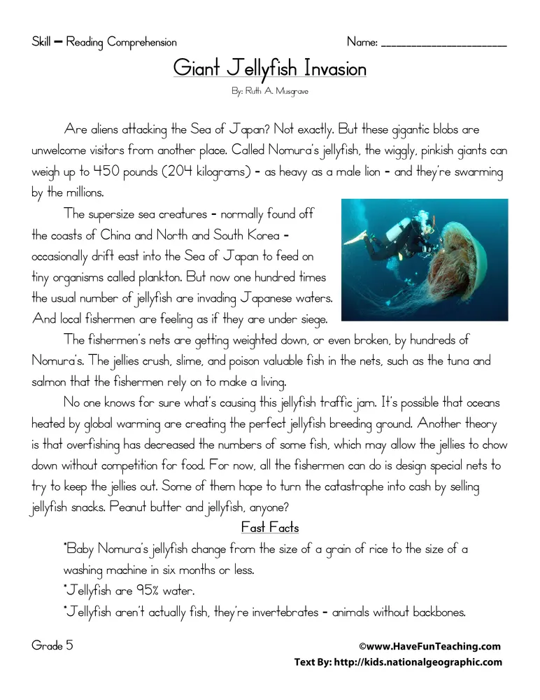 Giant Jellyfish Invasion - Reading Comprehension Worksheet by Teach Simple