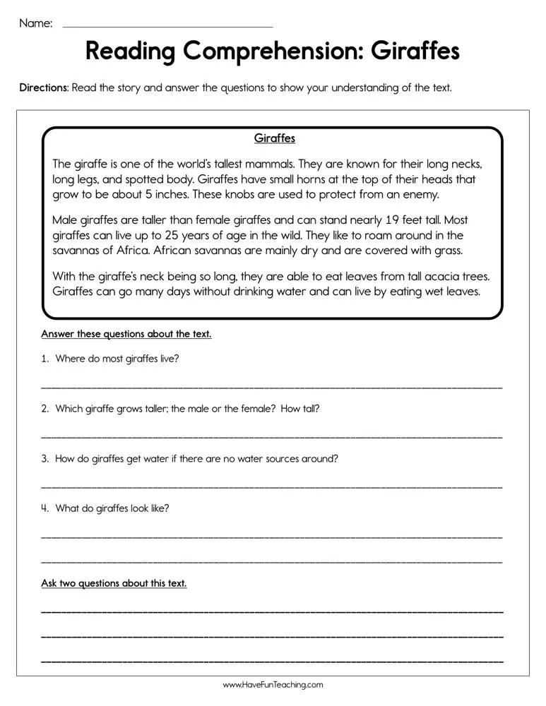 Giraffes Reading Comprehension Worksheet by Teach Simple