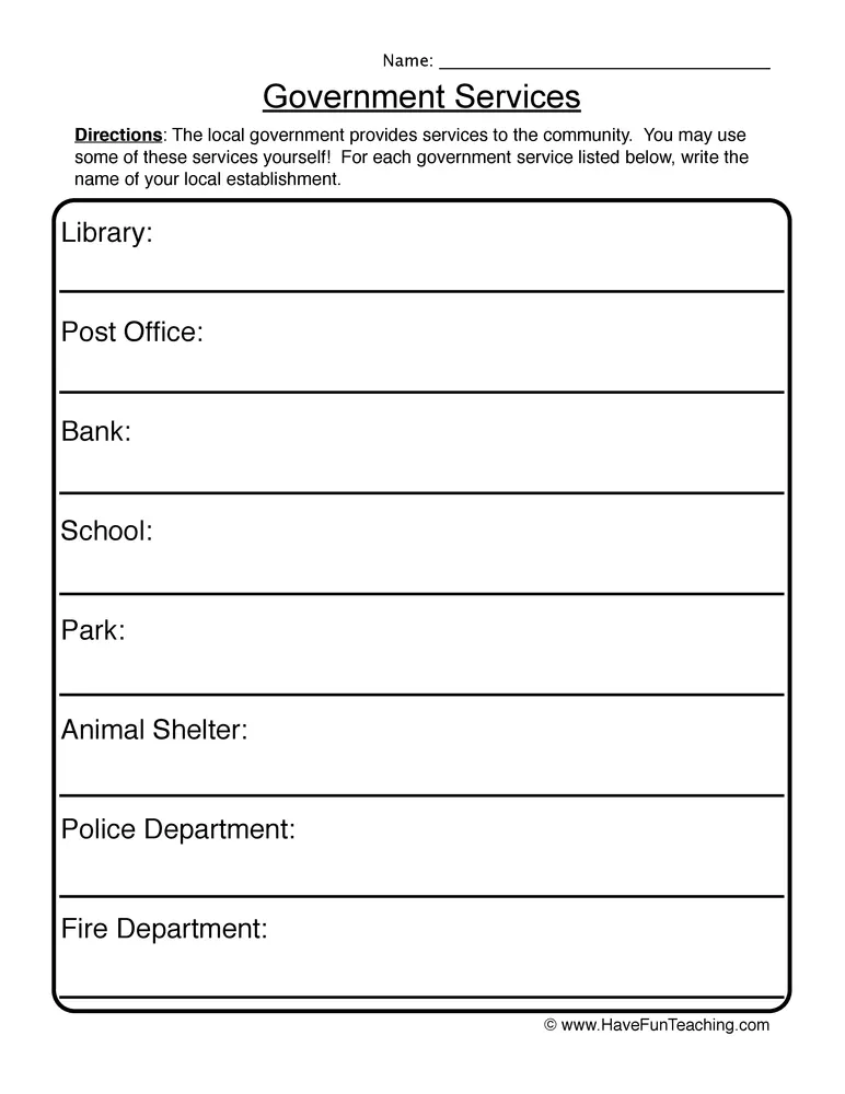 Government Services Worksheet - Local Establishments by Teach Simple