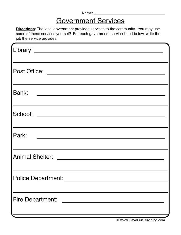 Government Services Worksheet by Teach Simple