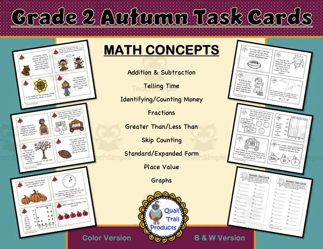 Grade 2 Math Task Cards - Autumn Theme by Teach Simple
