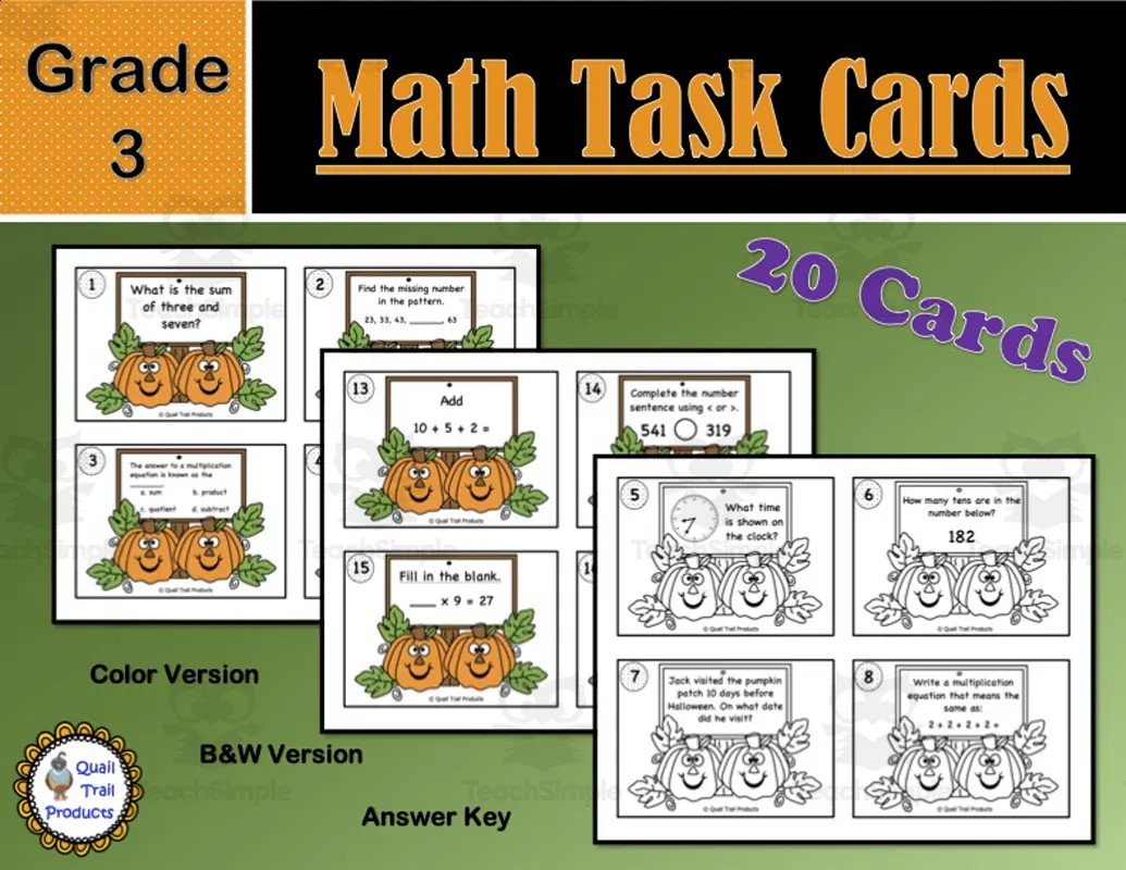 Grade 3 Pumpkin Math Task Cards by Teach Simple