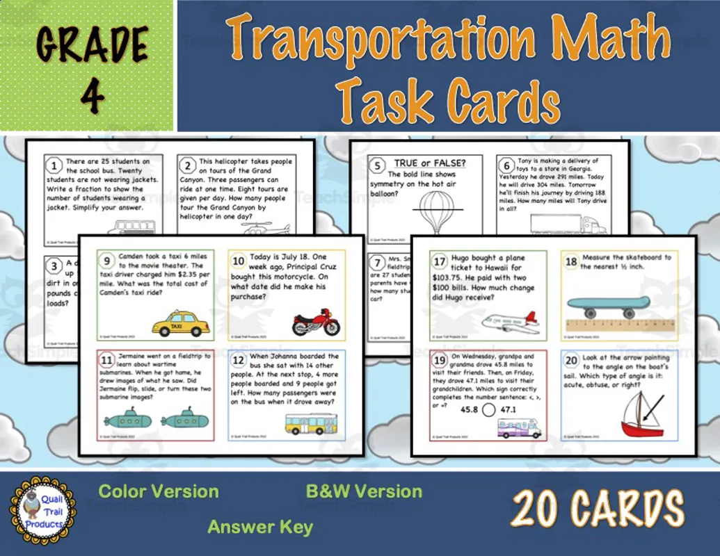 Grade 4 Transportation Math Task Cards by Teach Simple