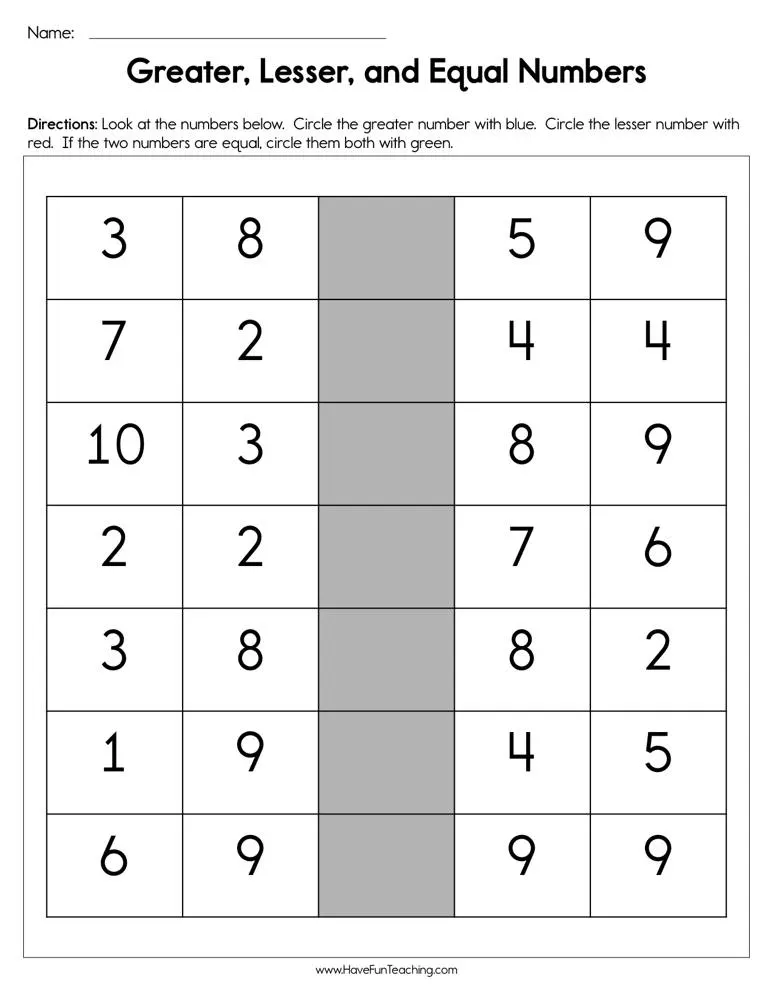 Greater Lesser and Equal Numbers Worksheet by Teach Simple