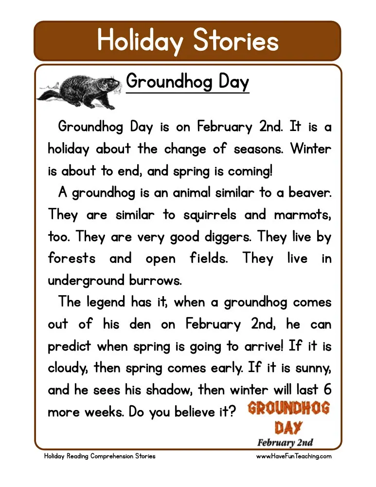 Groundhog Day Reading Comprehension Worksheet by Teach Simple
