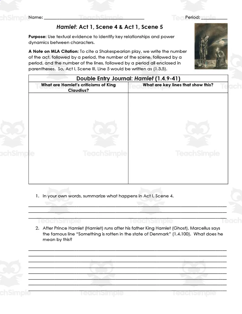 Hamlet Act 1, Scenes 4-5 | Double Entry Journals by Teach Simple
