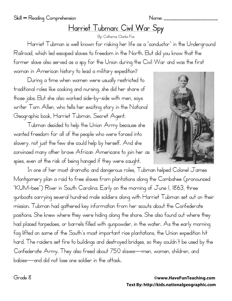 Harriet Tubman: Civil War Spy - Reading Comprehension Worksheet by ...