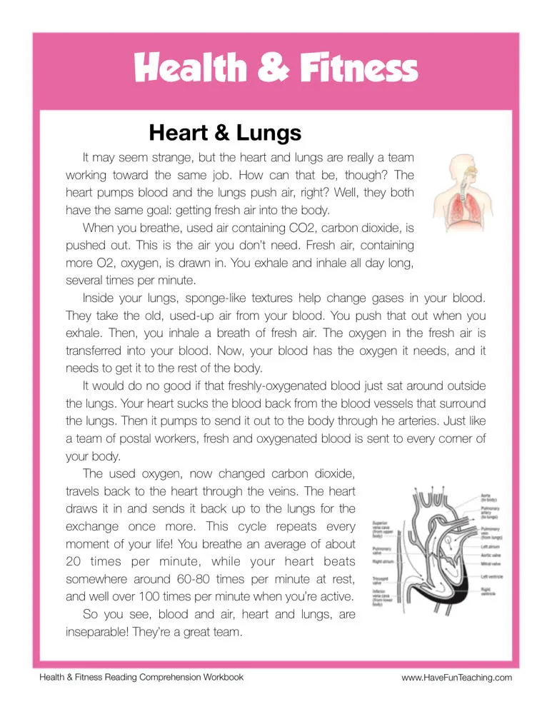 Heart and Lungs Health and Fitness Reading Comprehension Worksheet by ...