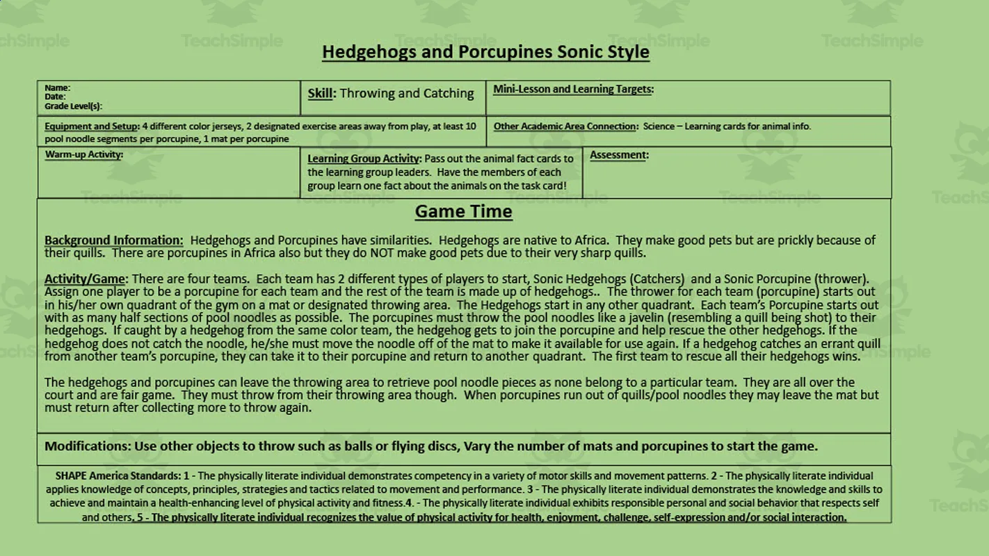 Hedgehogs and Porcupines PE Game by Teach Simple