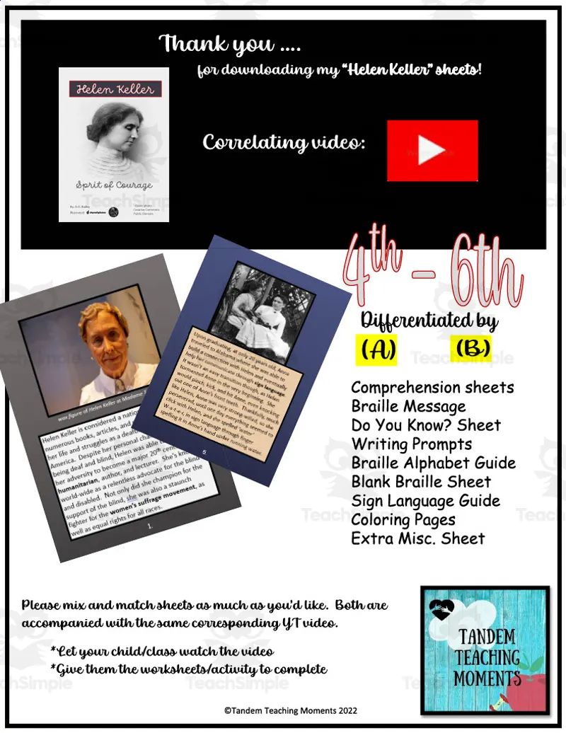 Helen Keller 4th - 6th Grade Worksheet Packet by Teach Simple