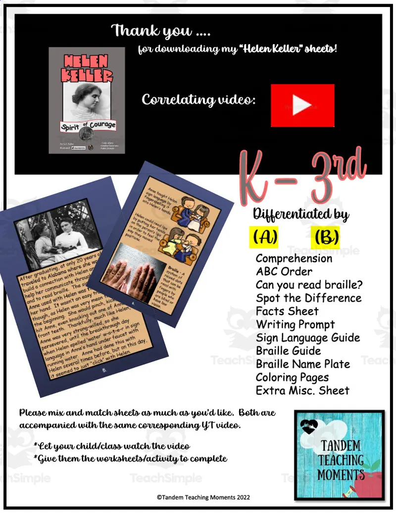 Helen Keller Worksheet Packet by Teach Simple
