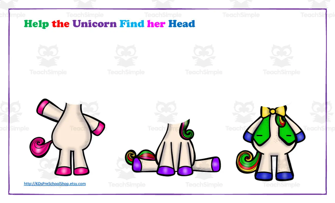Help Unicorn Find Her Head | Visual Discrimination Worksheet by Teach ...