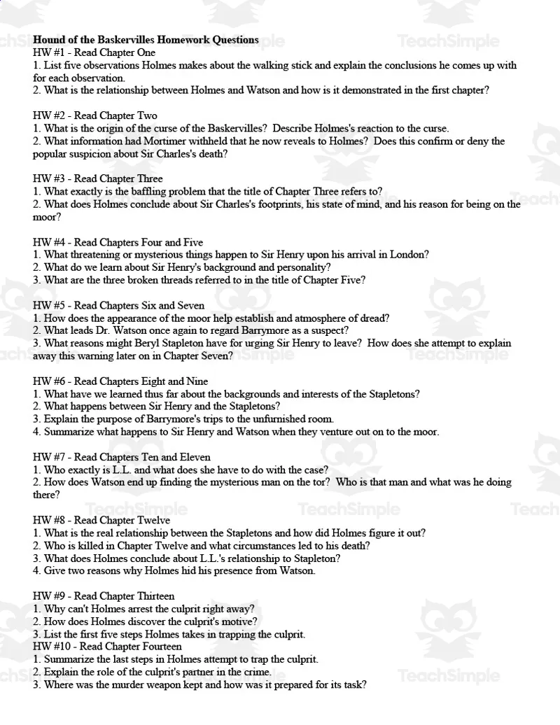 "Hound of the Baskervilles" Homework + Exam by Teach Simple
