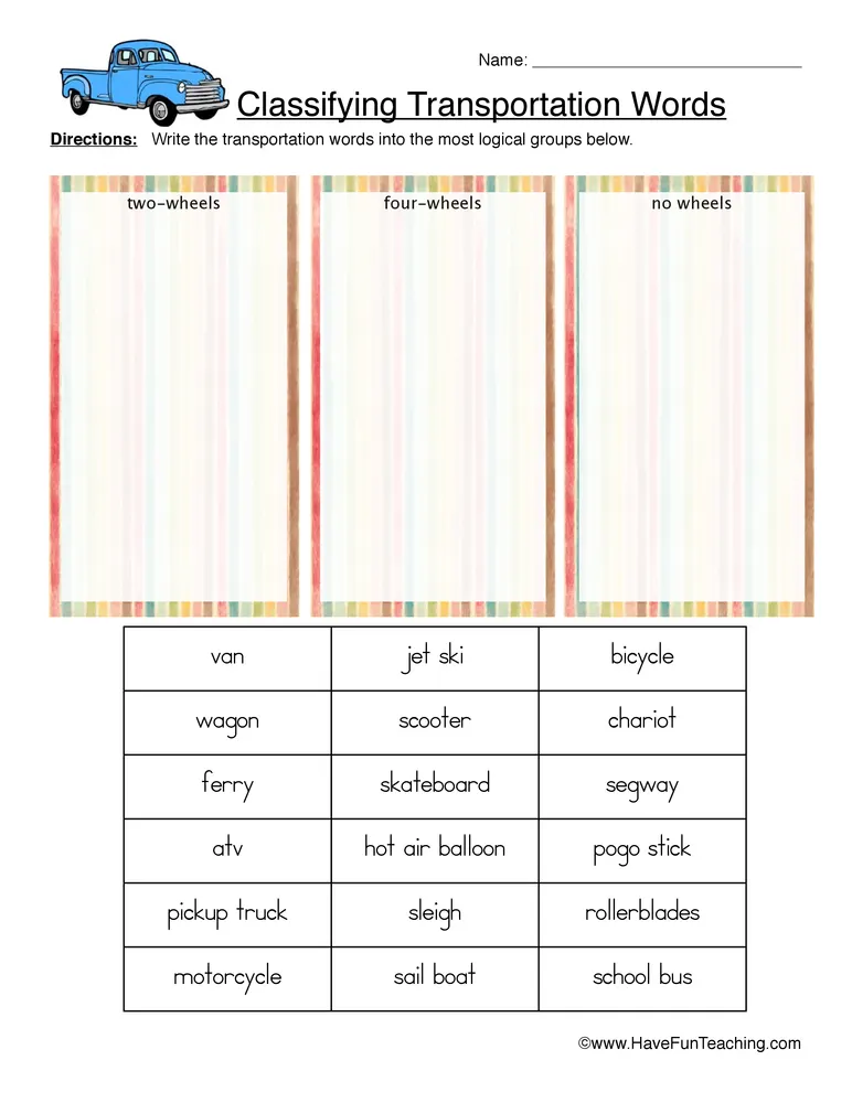How Many Wheels Classifying Transportation Worksheet by Teach Simple