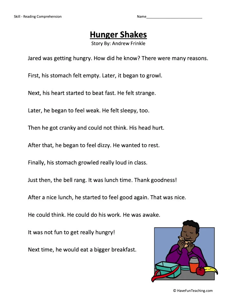 Hunger Shakes Reading Comprehension Worksheet by Teach Simple