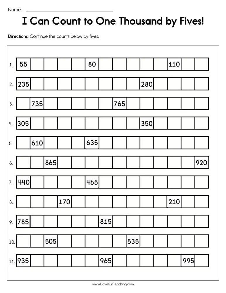 I Can Count to One Thousand by Fives Worksheet by Teach Simple