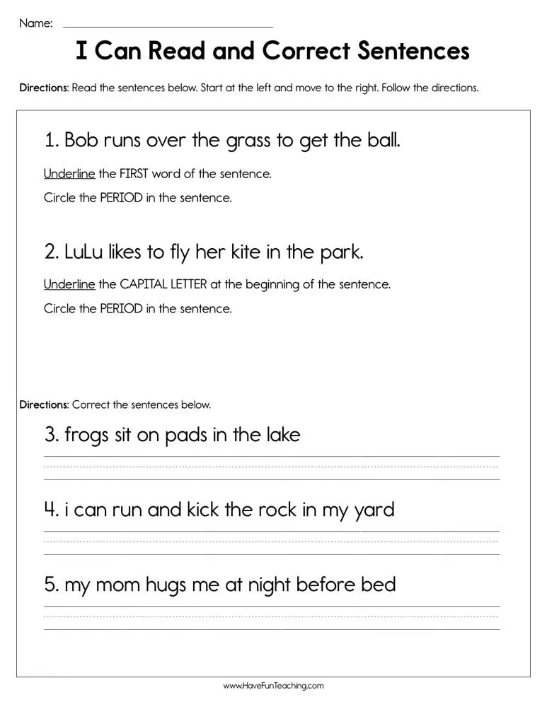 I Can Read and Correct Sentences Worksheet by Teach Simple