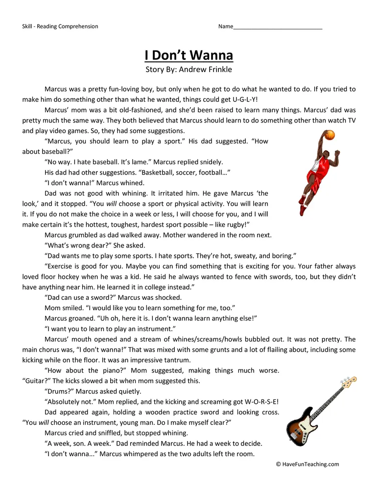 I Don't Wanna Reading Comprehension Worksheet by Teach Simple