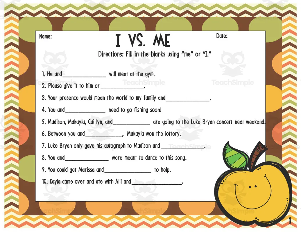 I vs. Me Worksheets by Teach Simple