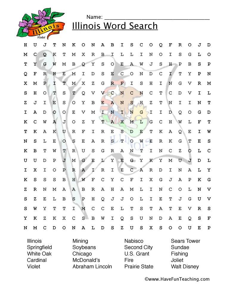 Illinois Word Search Worksheet by Teach Simple