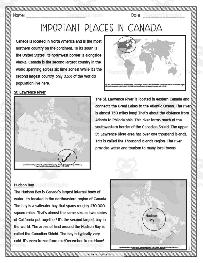 Important Places in Canada Reading Packet by Teach Simple