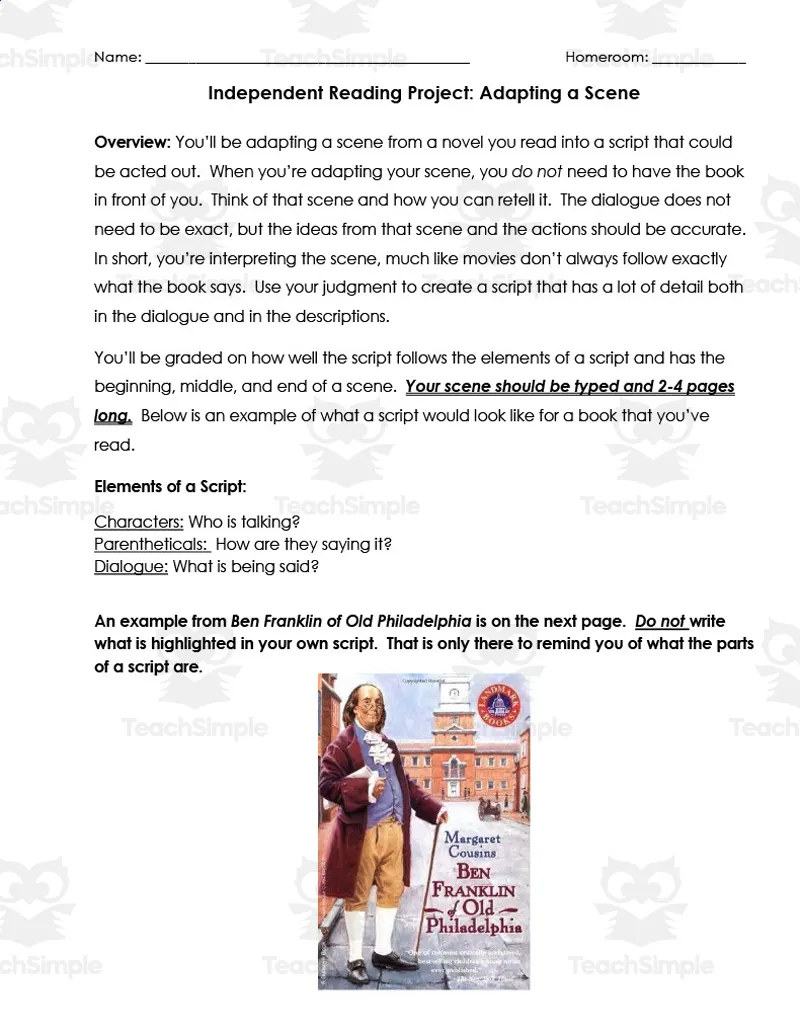 Independent Reading Project: Adapting a Scene by Teach Simple