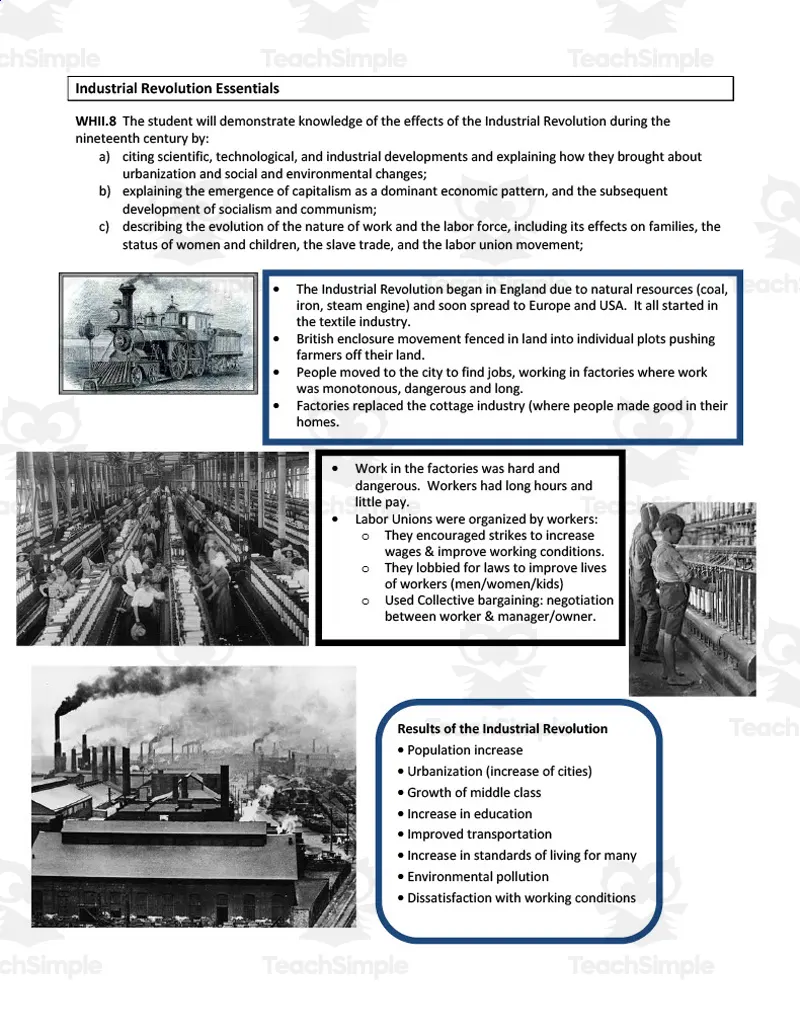 Industrial Revolution Essentials Sheet by Teach Simple