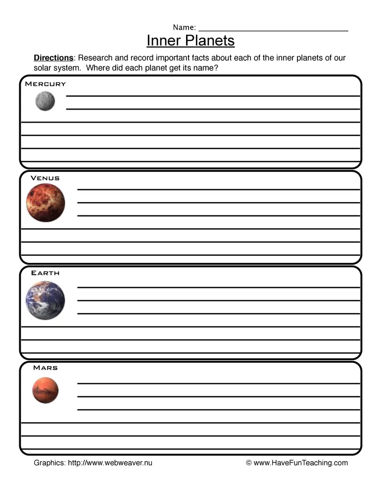 Inner Planets Worksheet by Teach Simple
