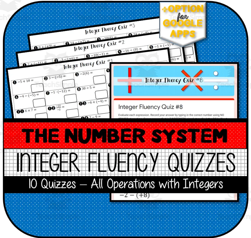 Integer Fluency Quizzes by Teach Simple