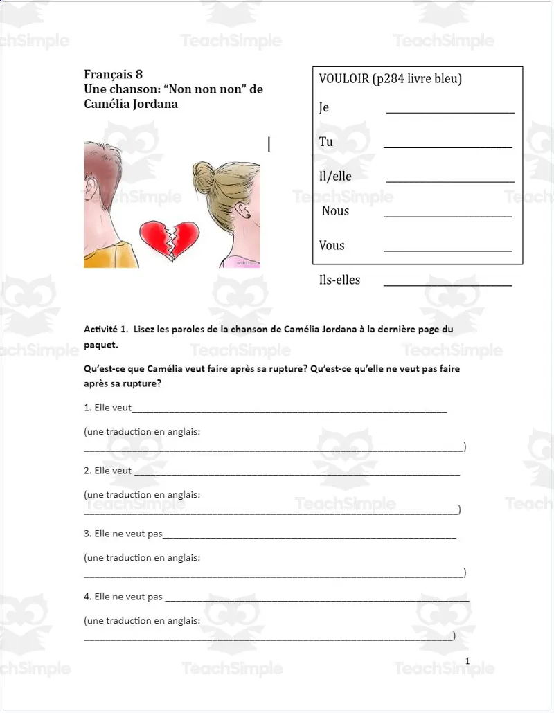 Intermediate French Song Activity Camélia Jordana ¨Non Non Non¨ by ...