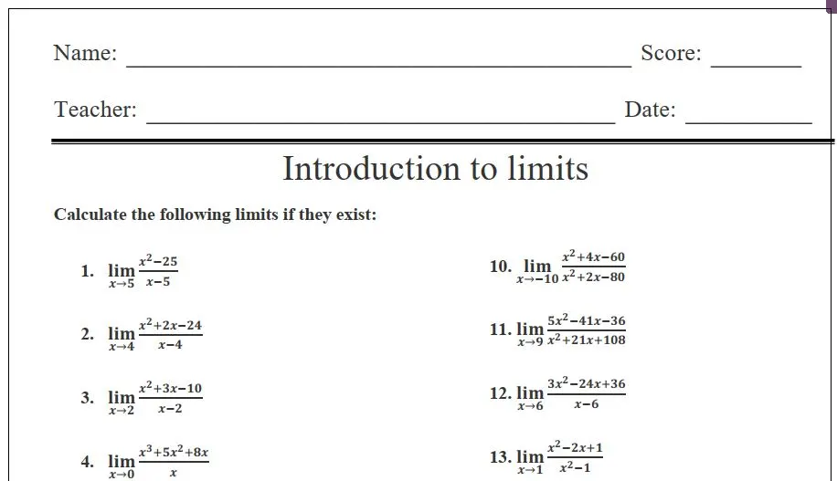 Introduction to the concept of limits - Worksheet by Teach Simple