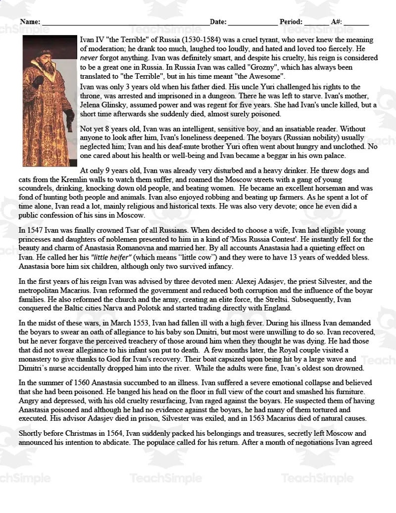 Ivan IV "the Terrible" of Russia Biography | Comprehension Questions by ...