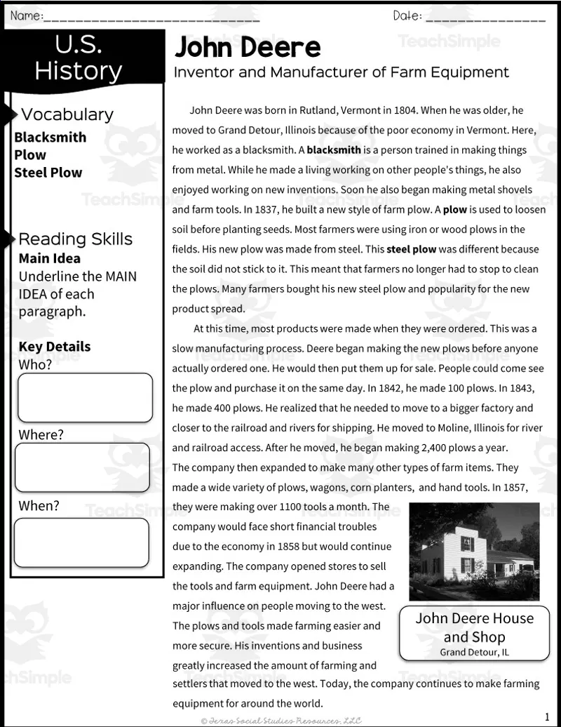 John Deere Reading Packet by Teach Simple