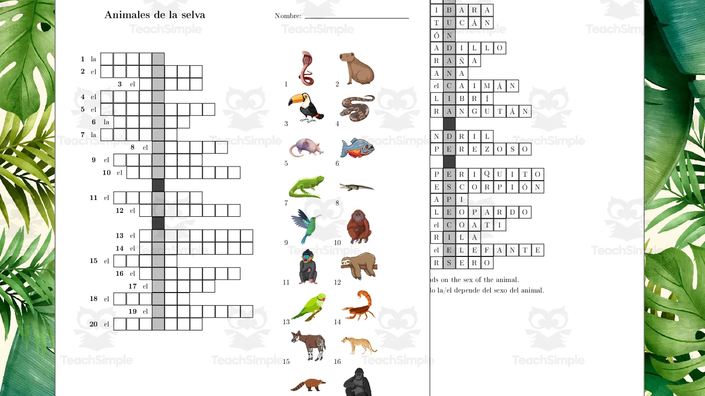 Jungle Animals Crossword in Spanish - Animales de la Selva by Teach Simple