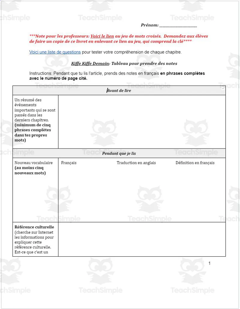 Kiffe Kiffe Demain Student Reading Guide by Teach Simple