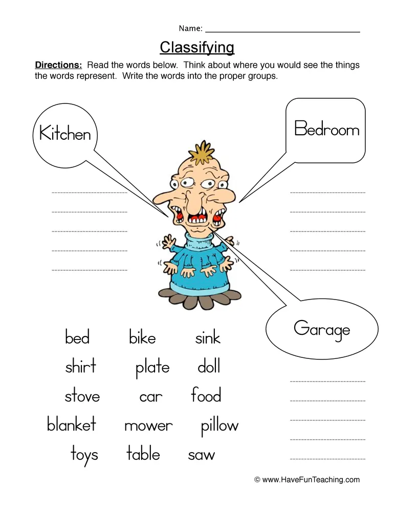 Kitchen, Bedroom, or Garage Classifying Worksheet by Teach Simple