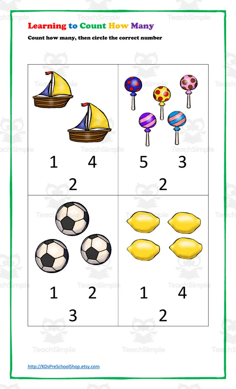 Learning to Count How Many Worksheets by Teach Simple