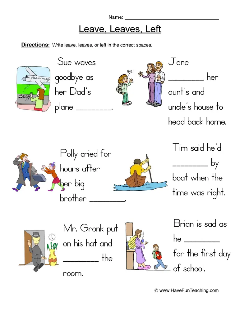 Leave Leaves Left Pictures Worksheet by Teach Simple