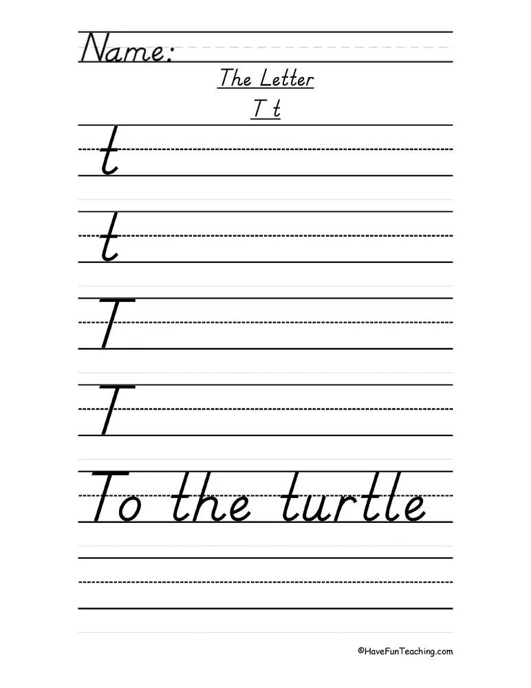 Letter T D'Nealian Style Handwriting Practice Worksheet by Teach Simple