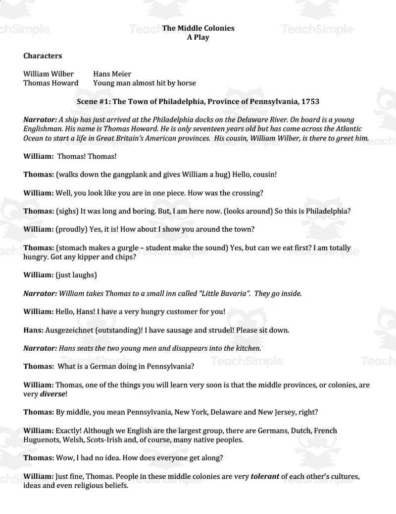 "Life in the Middle Colonies" - A History Play by Teach Simple