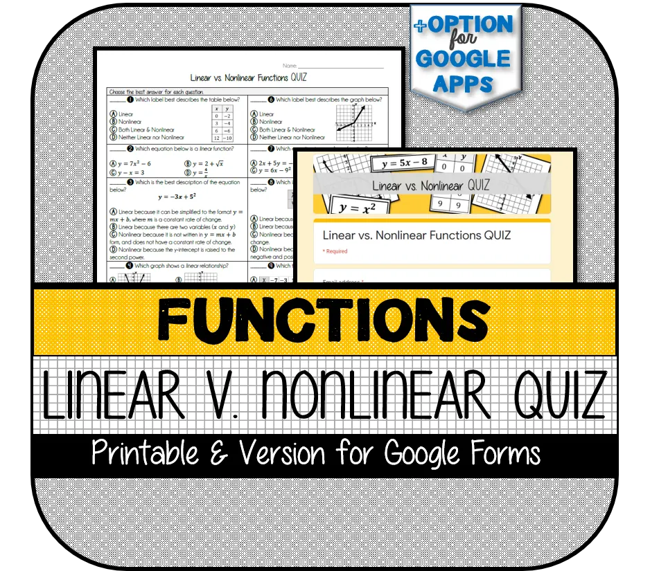 Linear vs. Nonlinear Functions QUIZ by Teach Simple