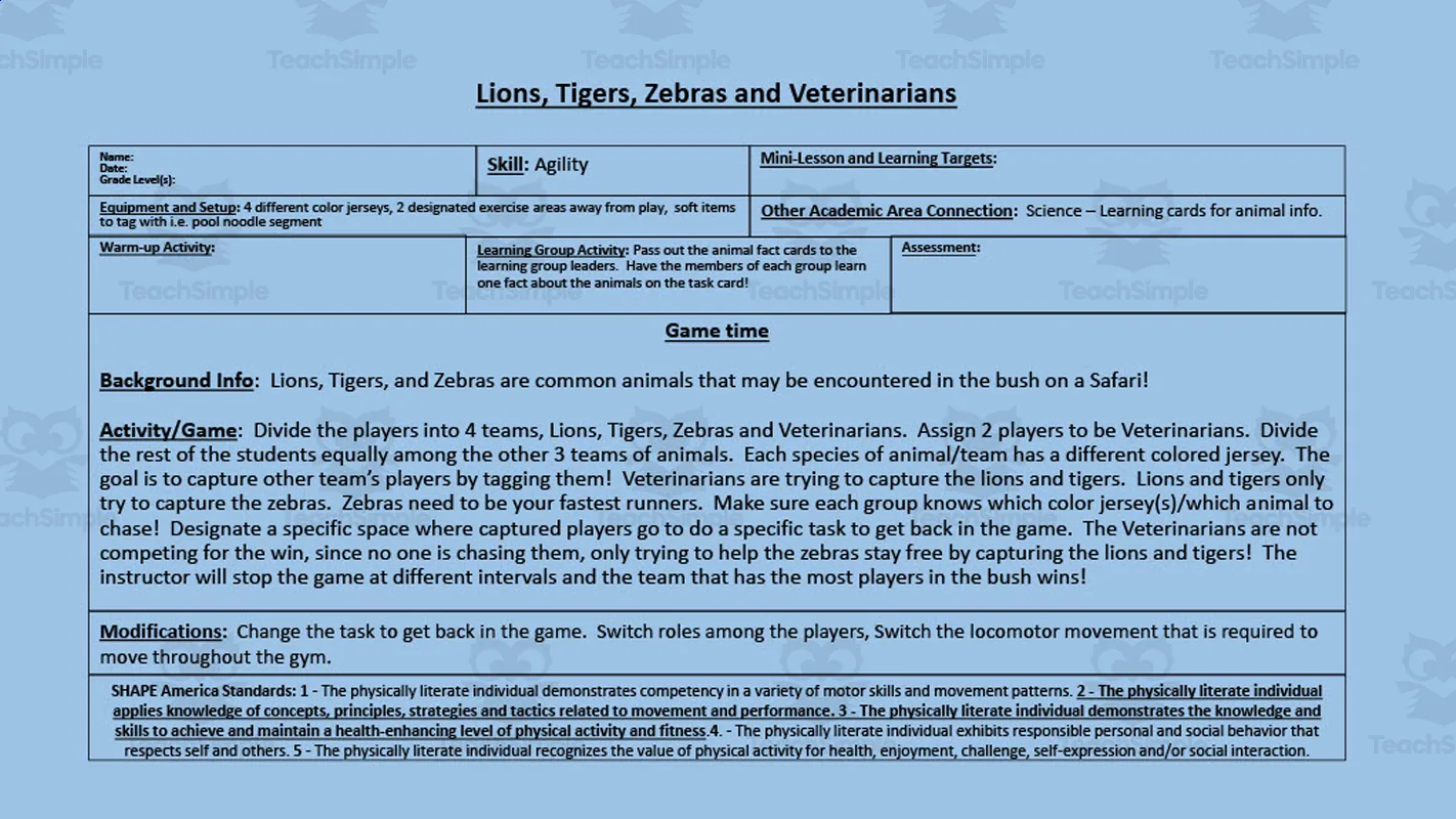 Lions, Tigers, Zebras + Veterinarians PE Game by Teach Simple