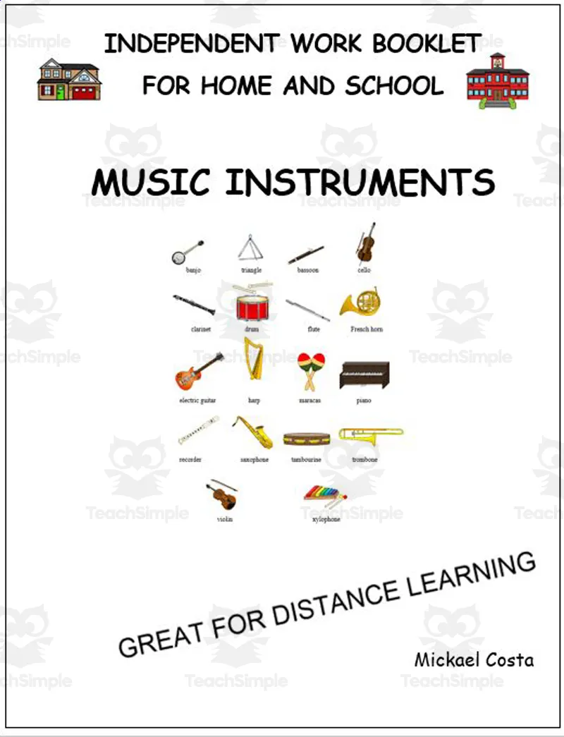 Literacy worksheets: musical instruments by Teach Simple