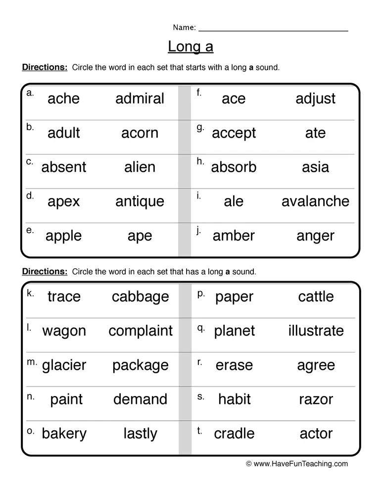Long A Worksheet by Teach Simple