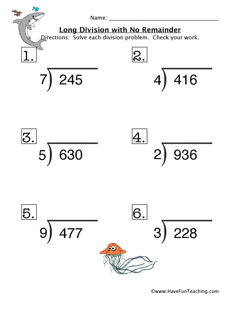Long Division No Remainder Worksheet by Teach Simple