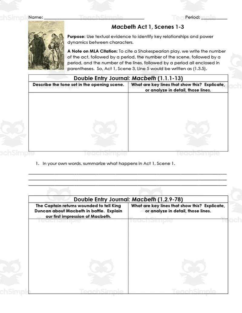 Macbeth Act 1 Scenes 1 3 Double Entry Journals By Teach Simple