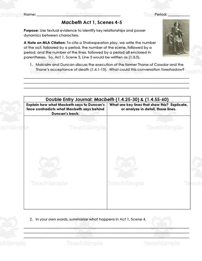 Macbeth Act 1 Scenes 4 5 Double Entry Journals By Teach Simple