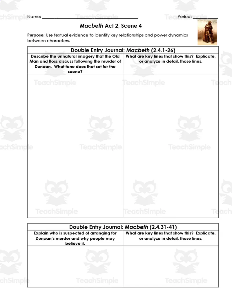Macbeth Act 2 Scene 4 Double Entry Journals By Teach Simple