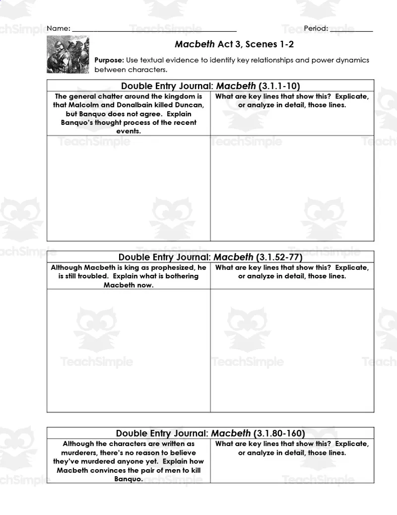 Macbeth Act 3, Scenes 1-2 | Double Entry Journals by Teach Simple
