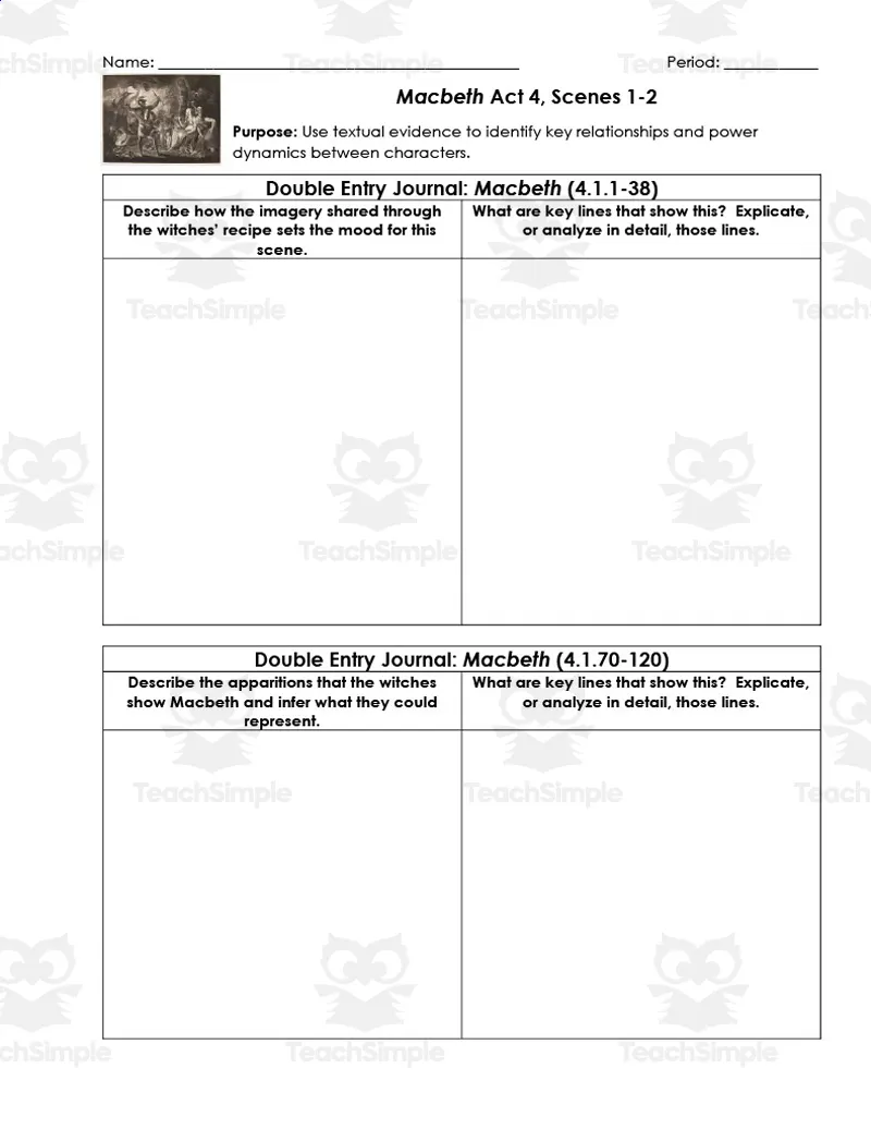 Macbeth Act 4 Scenes 1 2 Double Entry Journals By Teach Simple